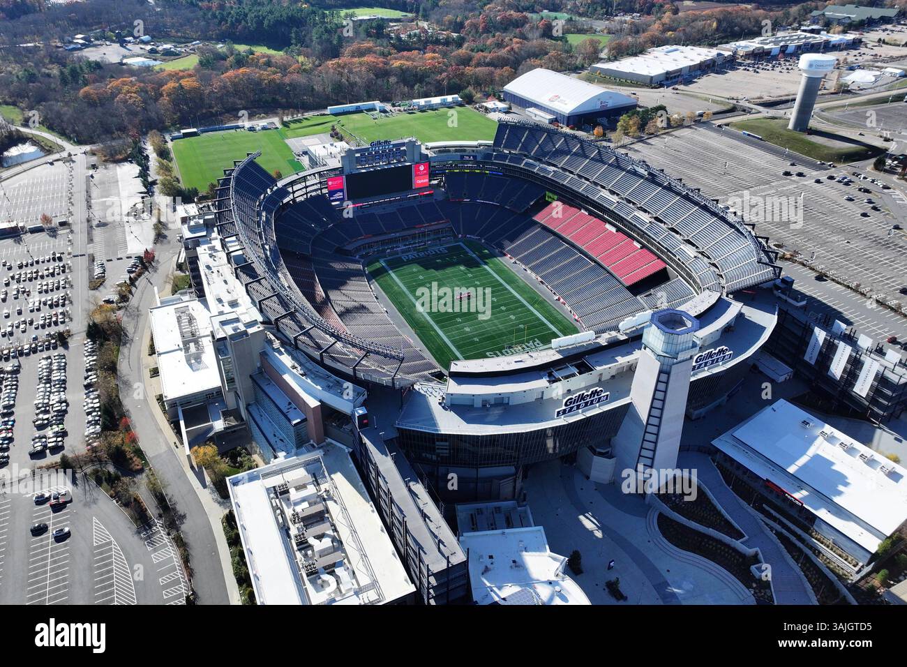A general overall aerial view of Gillette Stadium, Sunday, Nov. 3, 2024 ...