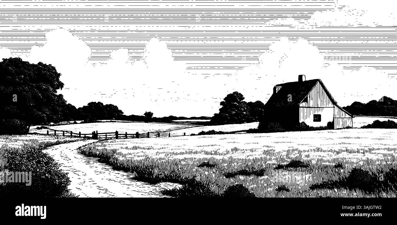 Engraved farm landscape with rustic barn and fields illustration for ...