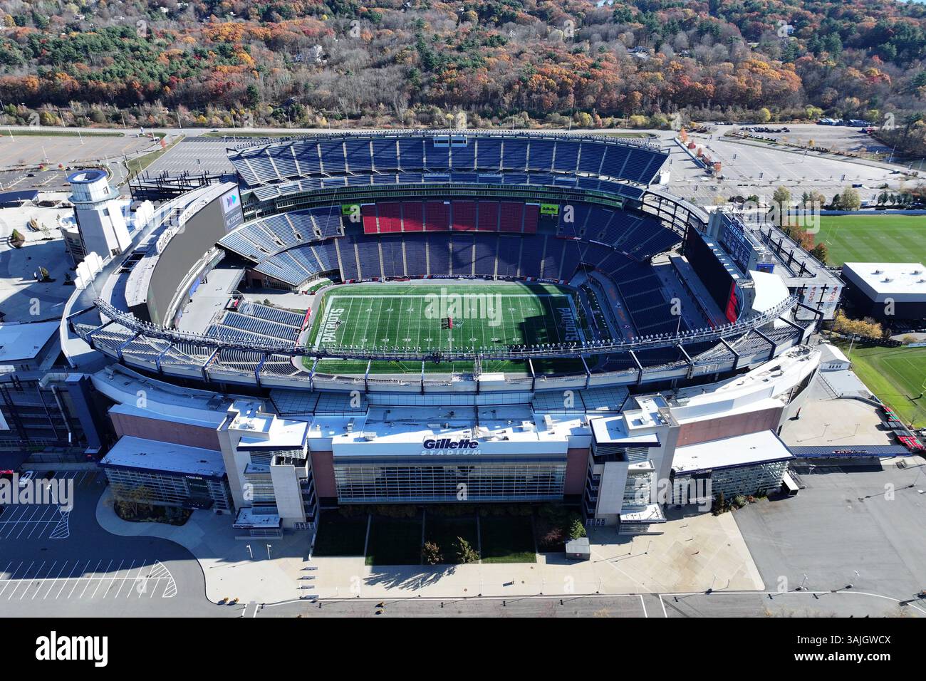 A general overall aerial view of Gillette Stadium, Sunday, Nov. 3, 2024 ...