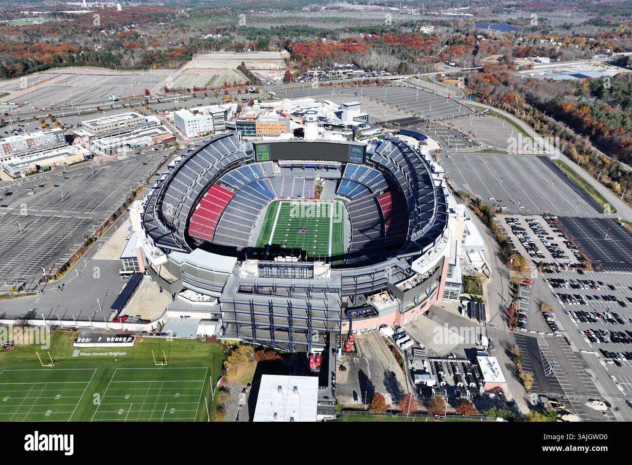 A general overall aerial view of Gillette Stadium, Sunday, Nov. 3, 2024 ...