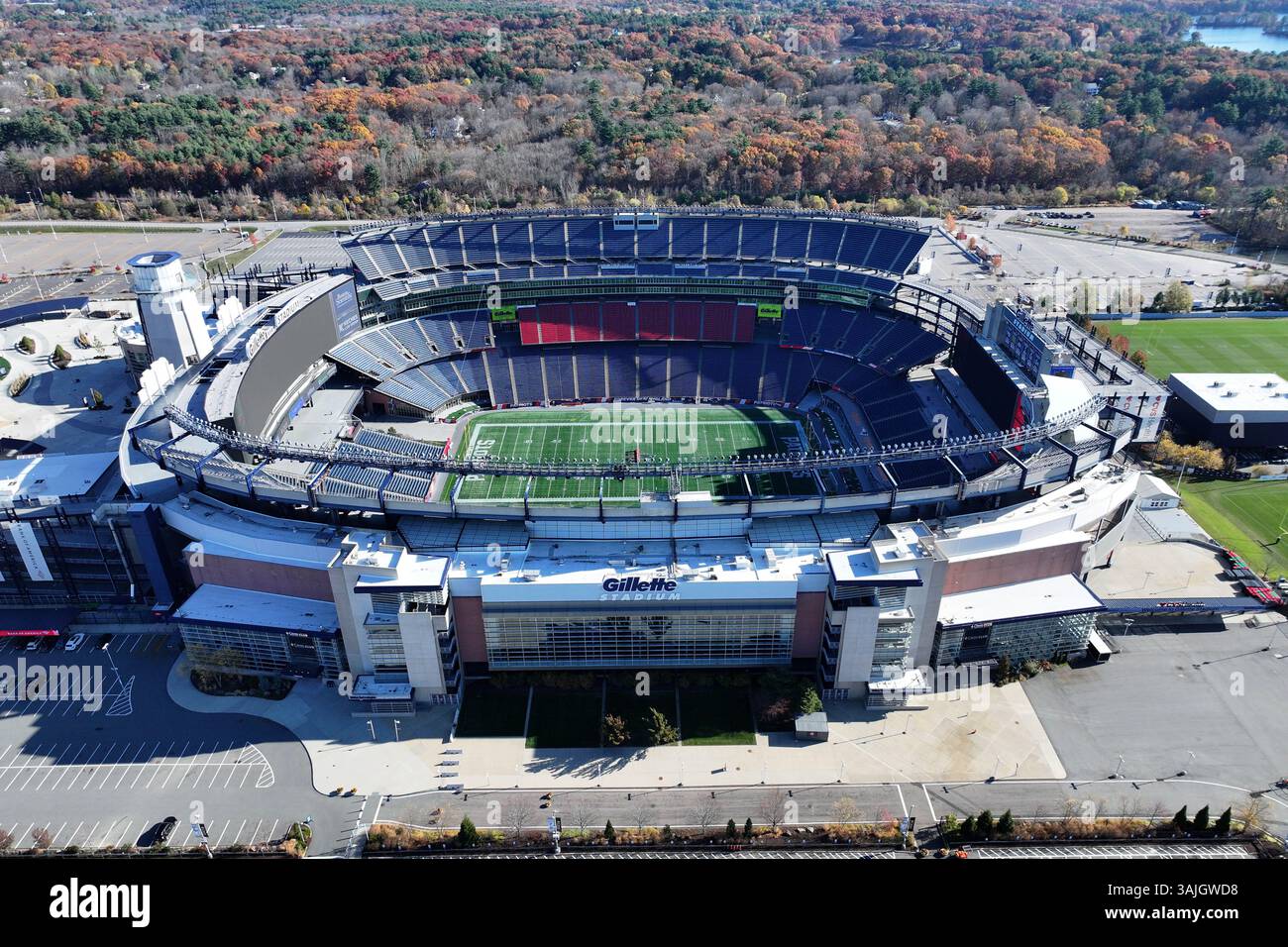 A general overall aerial view of Gillette Stadium, Sunday, Nov. 3, 2024 ...