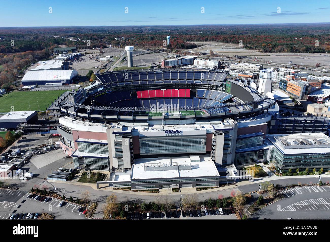 A general overall aerial view of Gillette Stadium, Sunday, Nov. 3, 2024 ...
