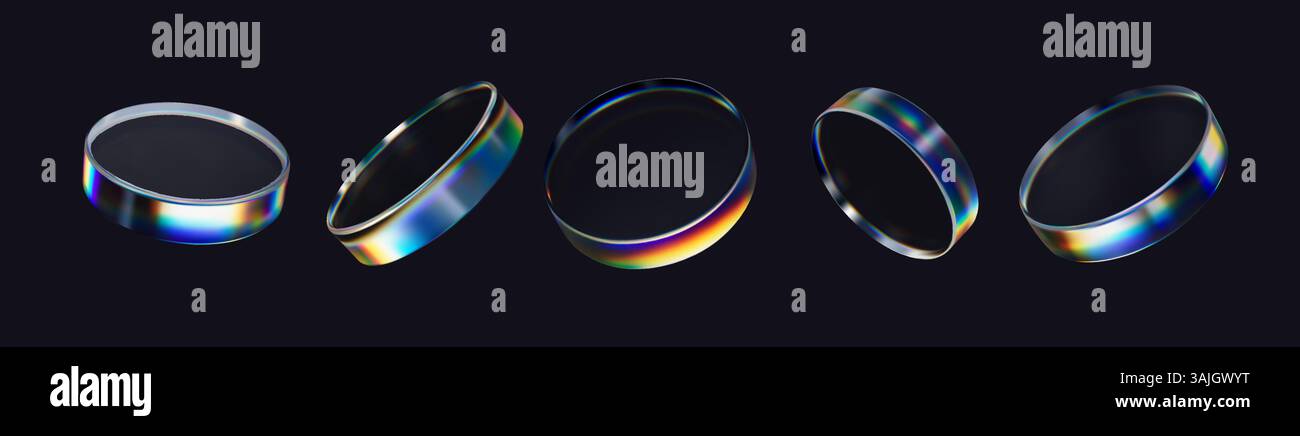 3d transparent glossy round disc with dispersion effect. Rainbow colors ...