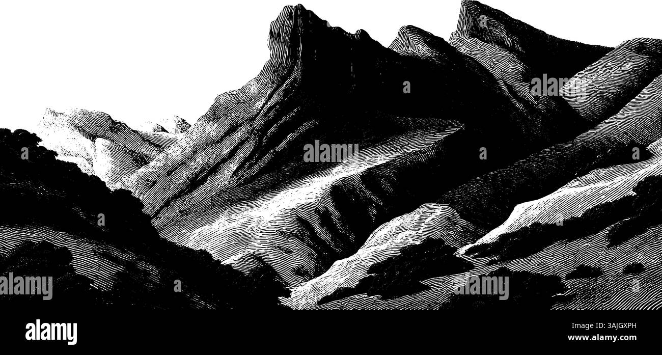 Detailed engraved mountain landscape illustration in bold black lines ...
