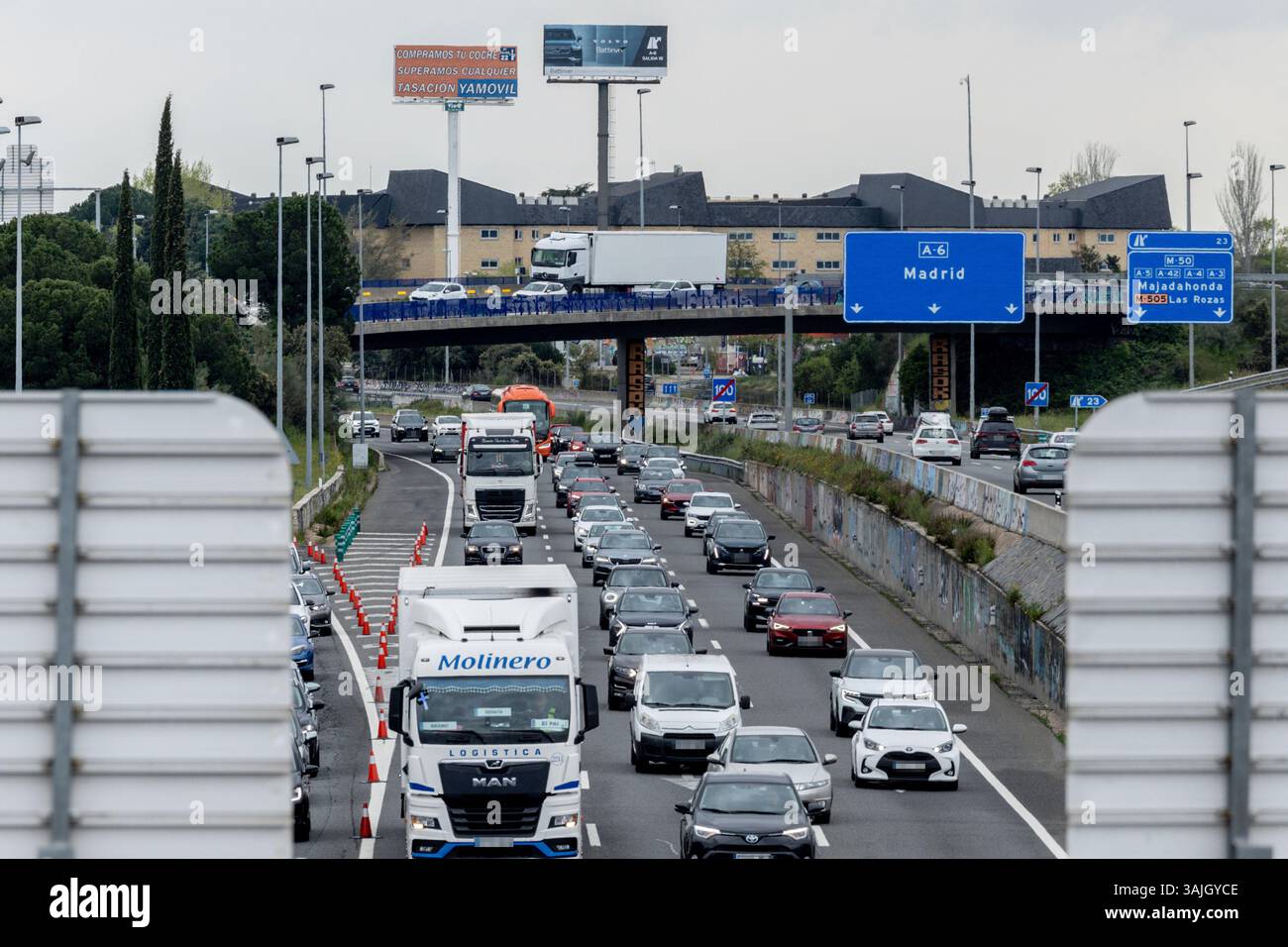 Dozens of vehicles on the A6 highway, on April 11, 2025, in Madrid (Spain). The Directorate ...