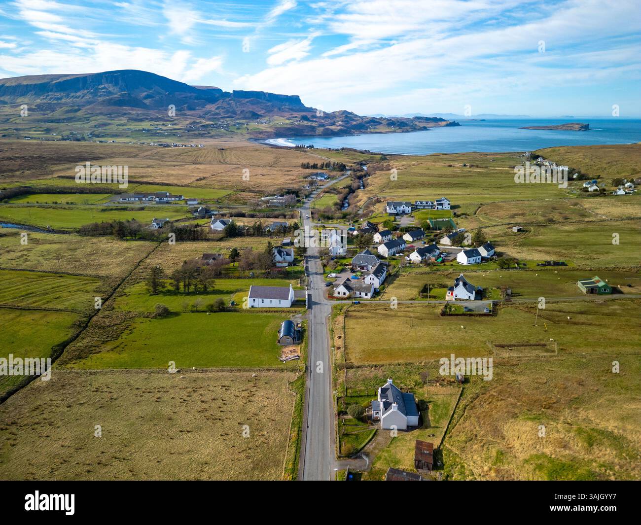 Aerial view of Staffin village at Trotternish, on Isle of Skye, Inner ...