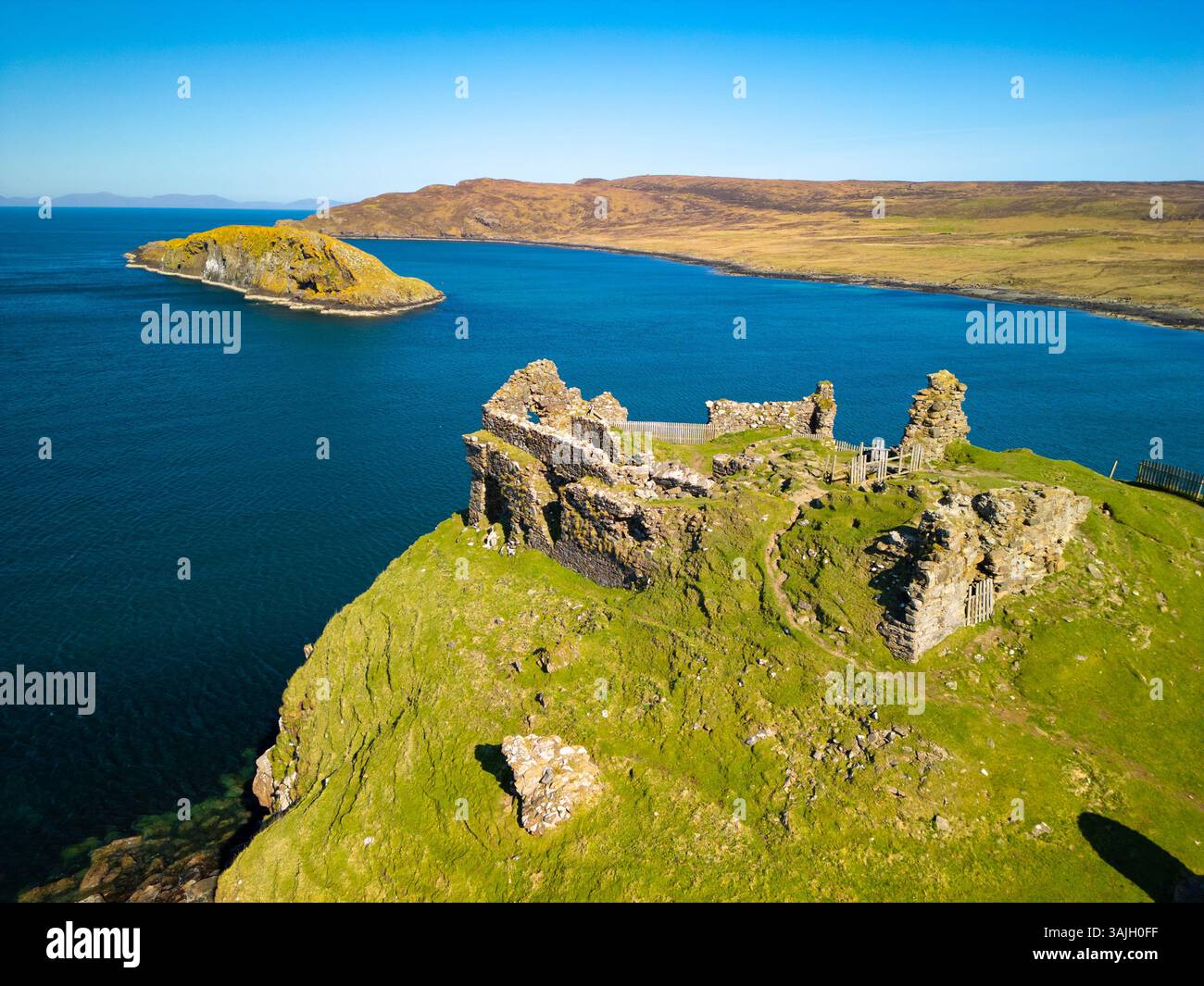 Aerial view of ruins of Duntulm Castle on Trotternish peninsula Isle of ...