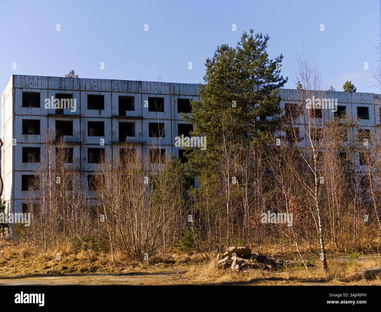 Old abandoned building. An old ruined apartment building without ...