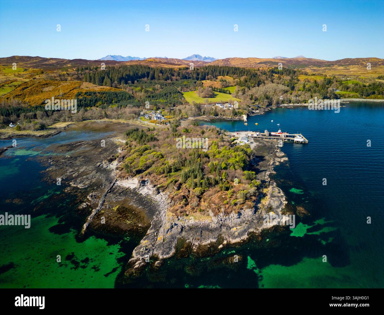 Aerial view of Armadale village, Sleat peninsula, on Isle of Skye ...