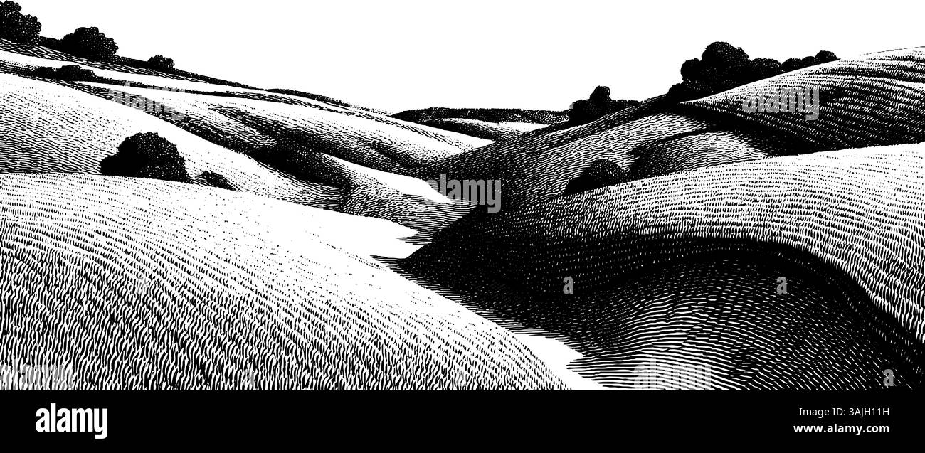 Engraved row landscape illustration with rolling hills and trees Stock ...