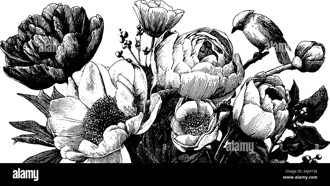 Intricate engraved floral set with bird in bold black line art design ...