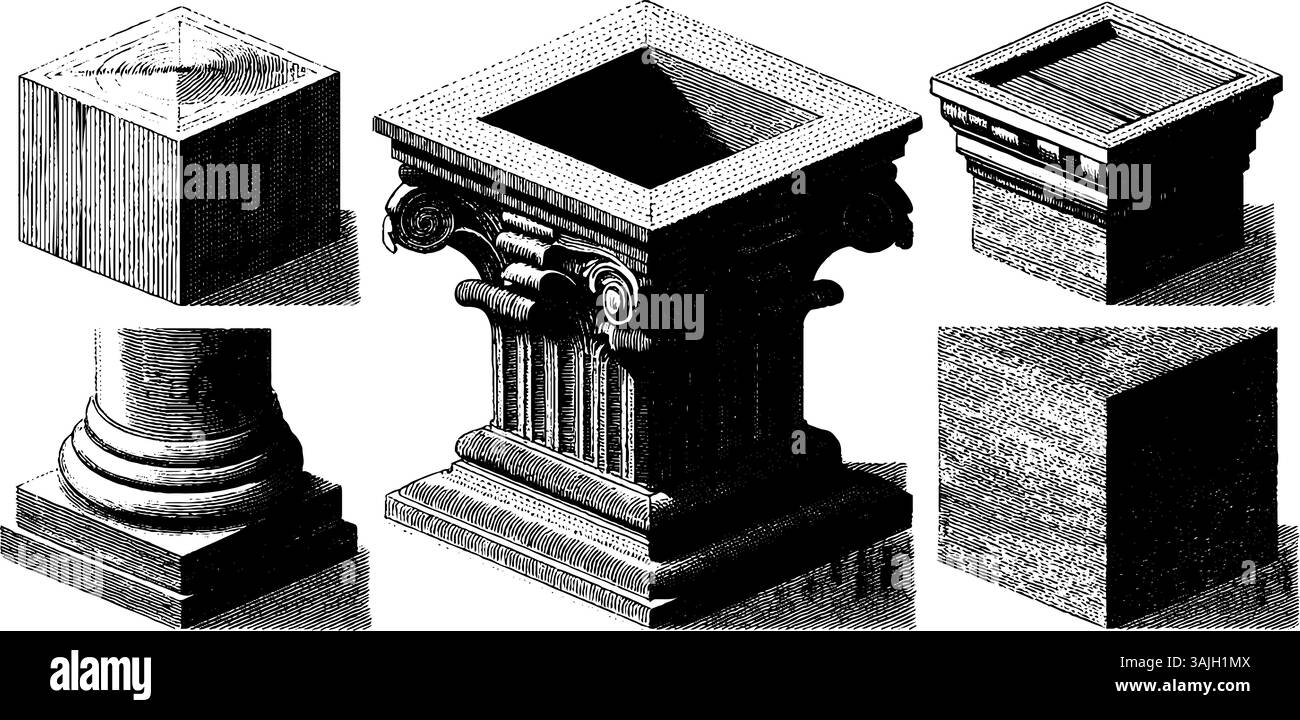Classical architectural elements set featuring engraved pillars and ...