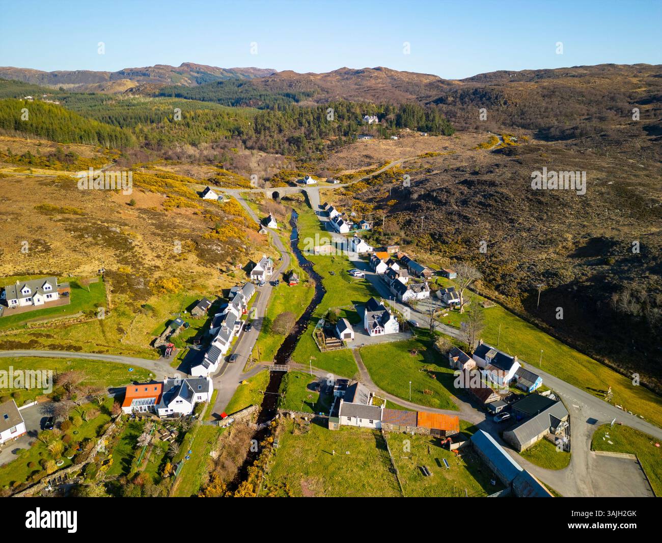 Aerial view of hamlet of Duirinish, Lochalsh, west Scottish Highlands ...