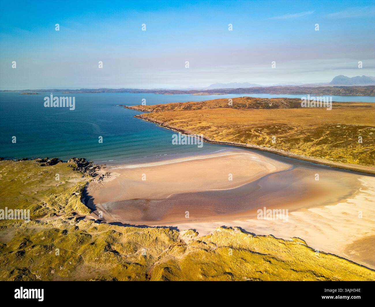 Aerial view of beach at Achnahaird Bay in Wester Ross, Scottish ...