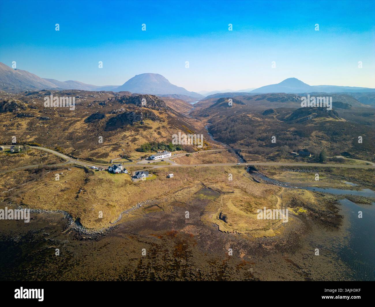 Aerial view of Rhiconich on North Coast 500 in Scottish Highlands ...