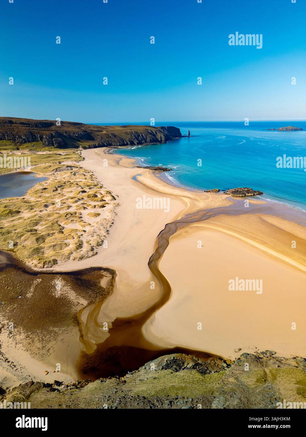 Aerial view from drone of beach and landscape at Sandwood Bay ...