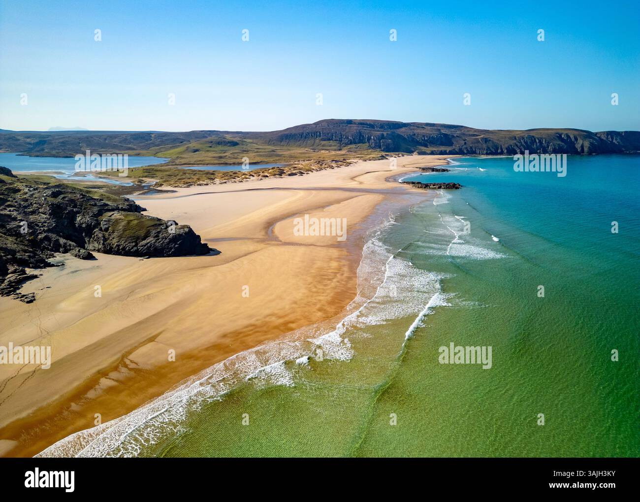 Aerial view from drone of beach and landscape at Sandwood Bay ...