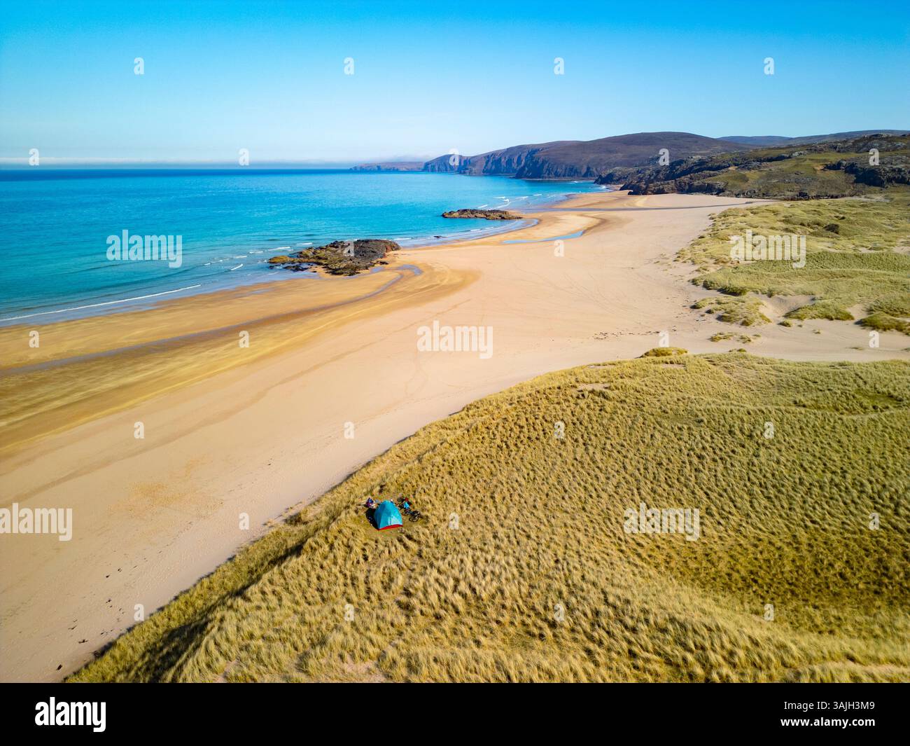 Aerial view from drone of beach and landscape at Sandwood Bay ...