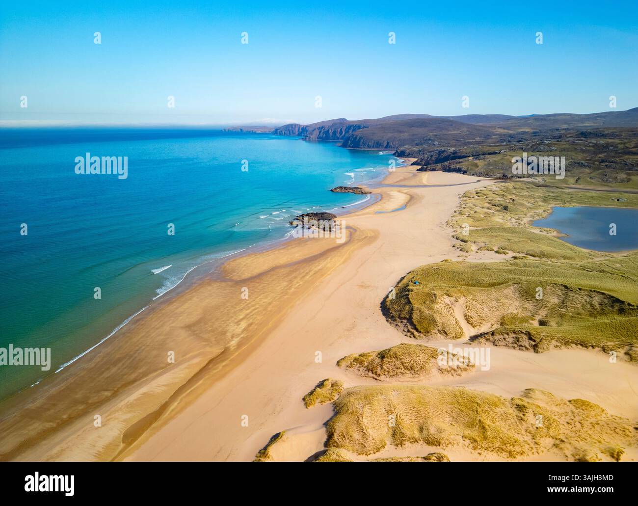 Aerial view from drone of beach and landscape at Sandwood Bay ...