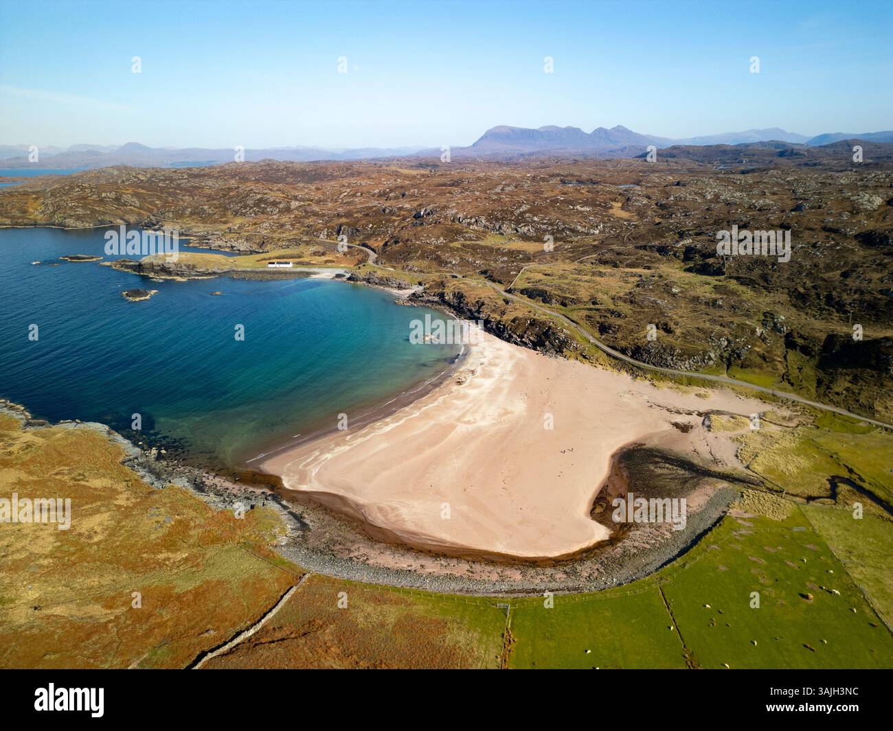 Aerial view of beach in crofting community of Clashnessie in Assynt ...