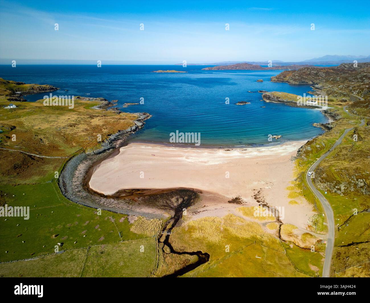 Aerial view of beach in crofting community of Clashnessie in Assynt ...