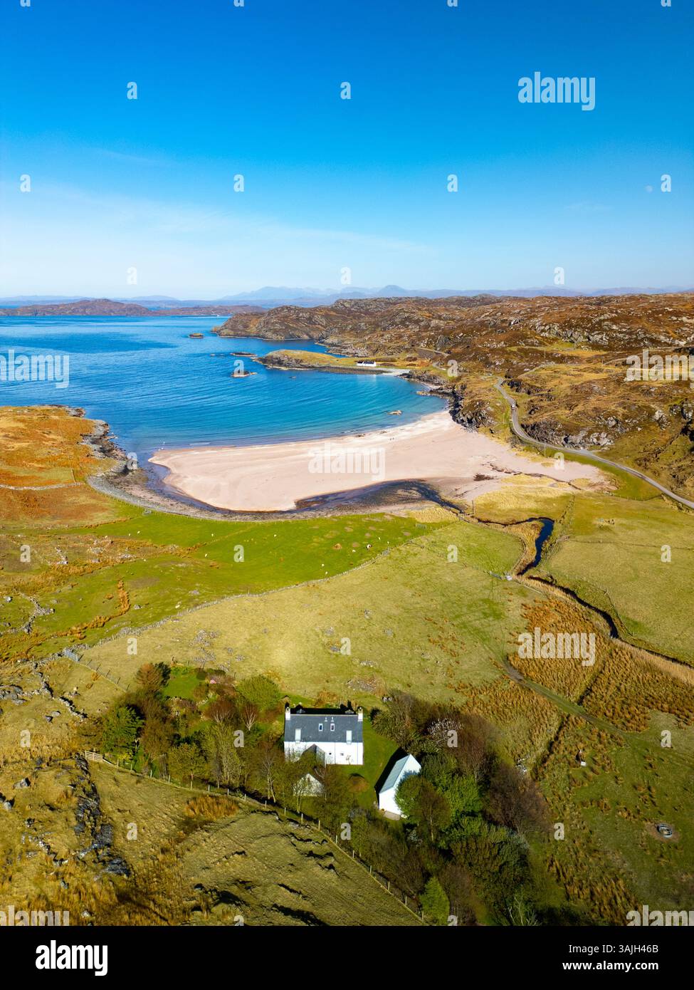 Aerial view of beach in crofting community of Clashnessie in Assynt ...