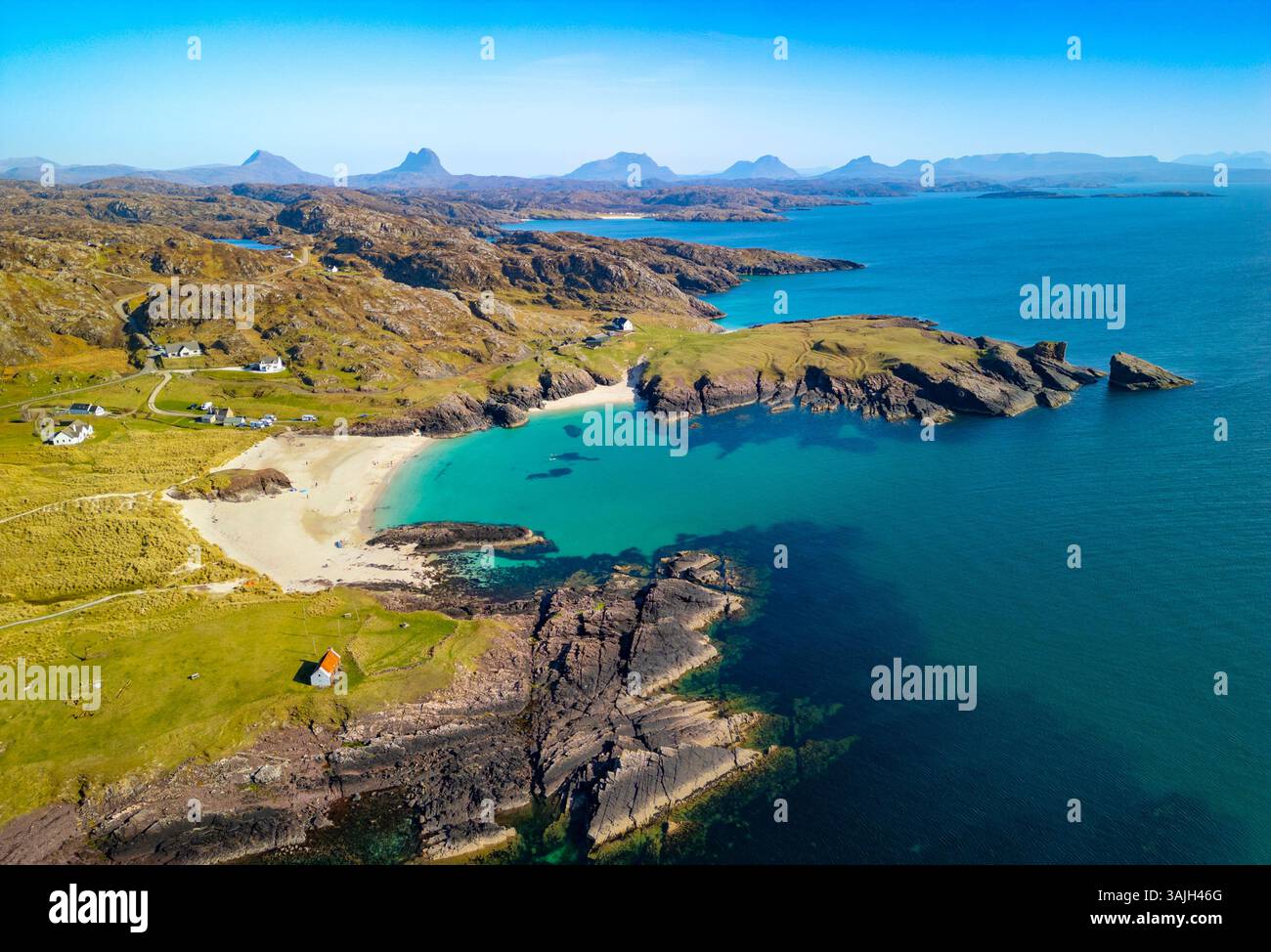 Aerial view of beach and coastal scenery at Clachtoll in Assynt ...
