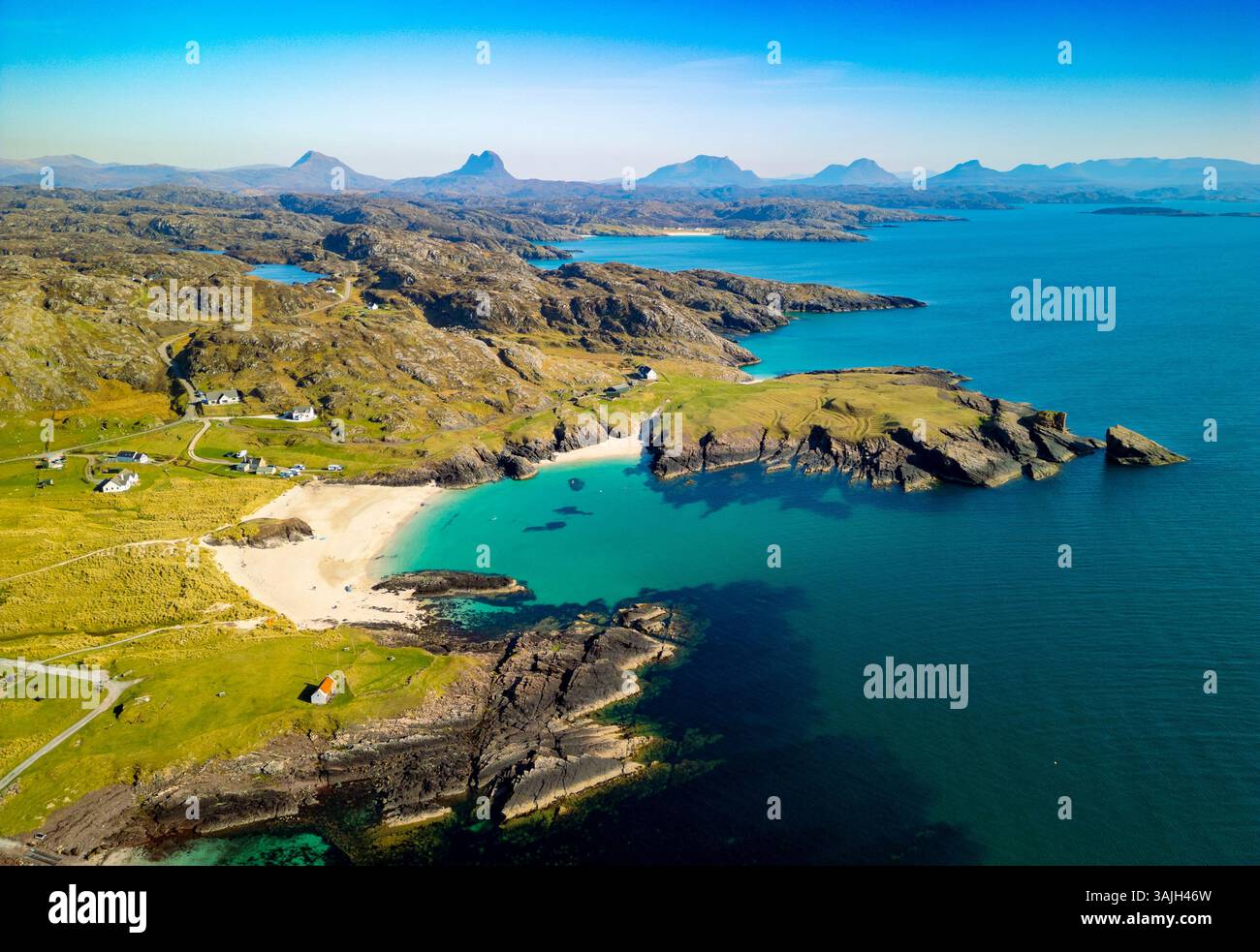 Aerial view of beach and coastal scenery at Clachtoll in Assynt ...