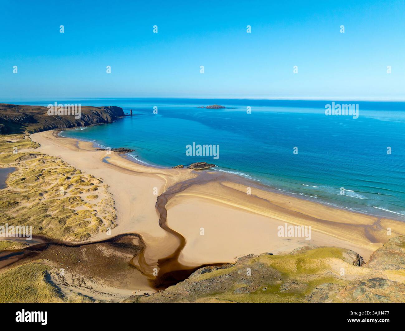 Aerial view from drone of beach and landscape at Sandwood Bay ...