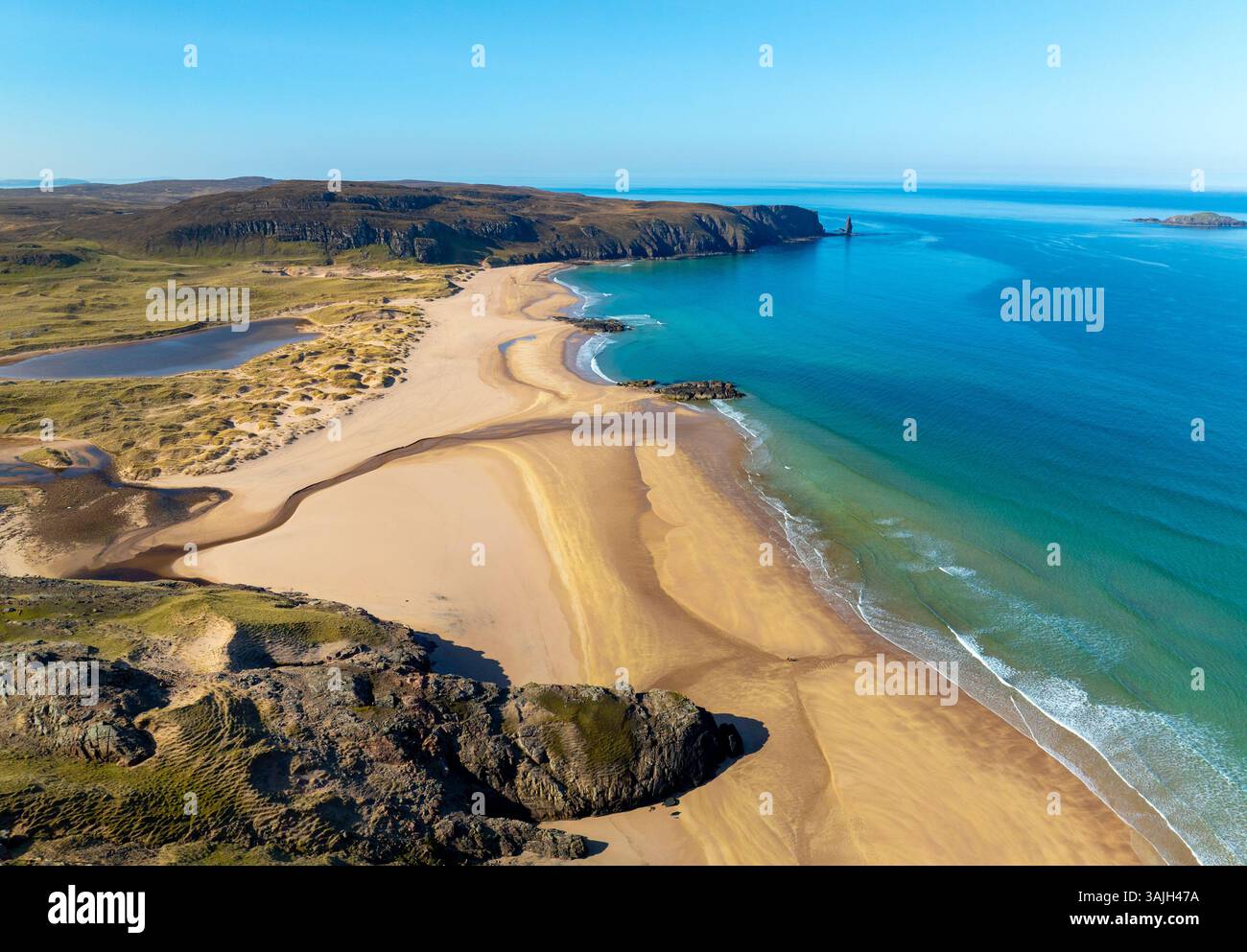 Aerial view from drone of beach and landscape at Sandwood Bay ...