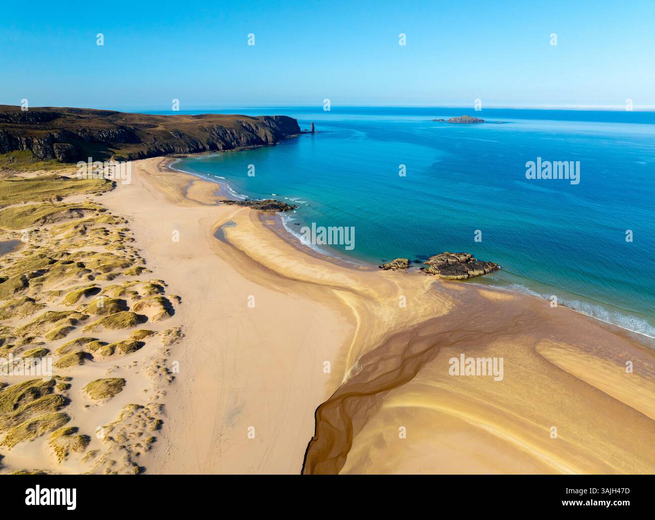 Aerial view from drone of beach and landscape at Sandwood Bay ...
