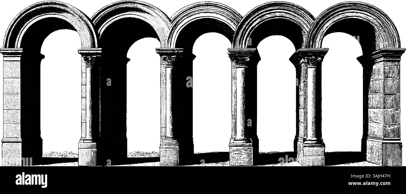 Black and bold engraved arches illustration for historical design and ...