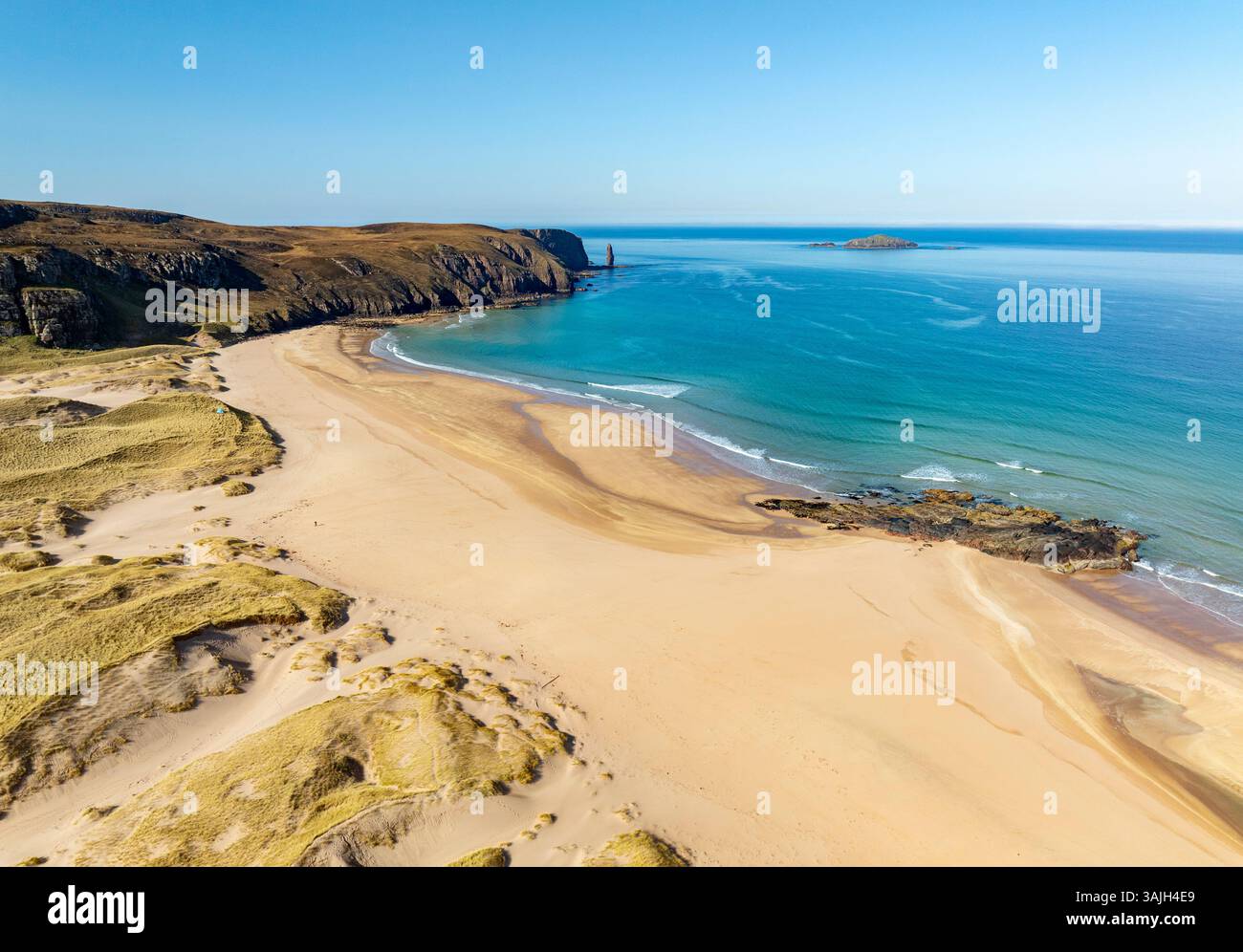Aerial view from drone of beach and landscape at Sandwood Bay ...