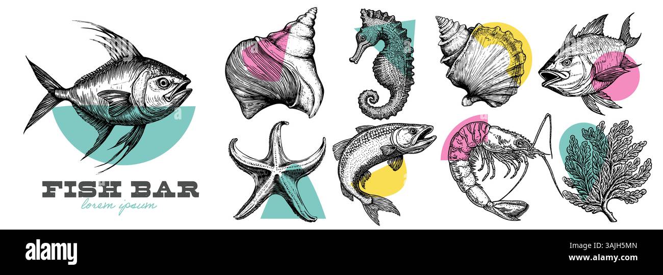 Illustration of various sea creatures including fish, shells, seahorse ...
