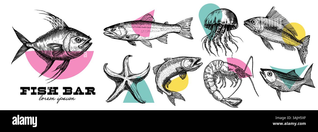 Illustration of various sea creatures including fish, jellyfish ...