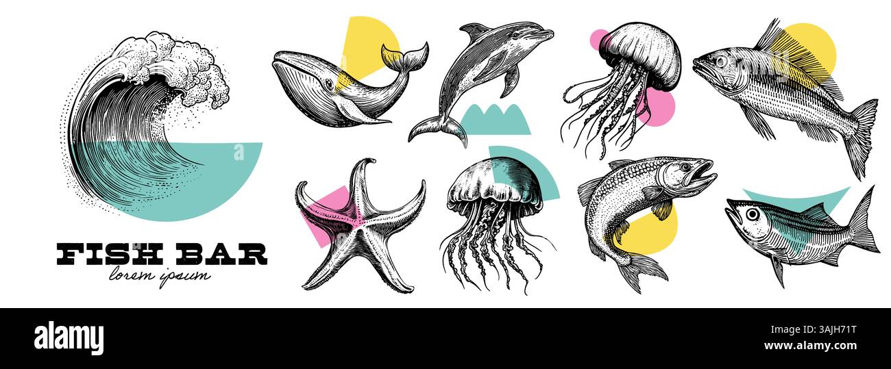 Illustration of various sea creatures including a wave, whale, dolphin ...
