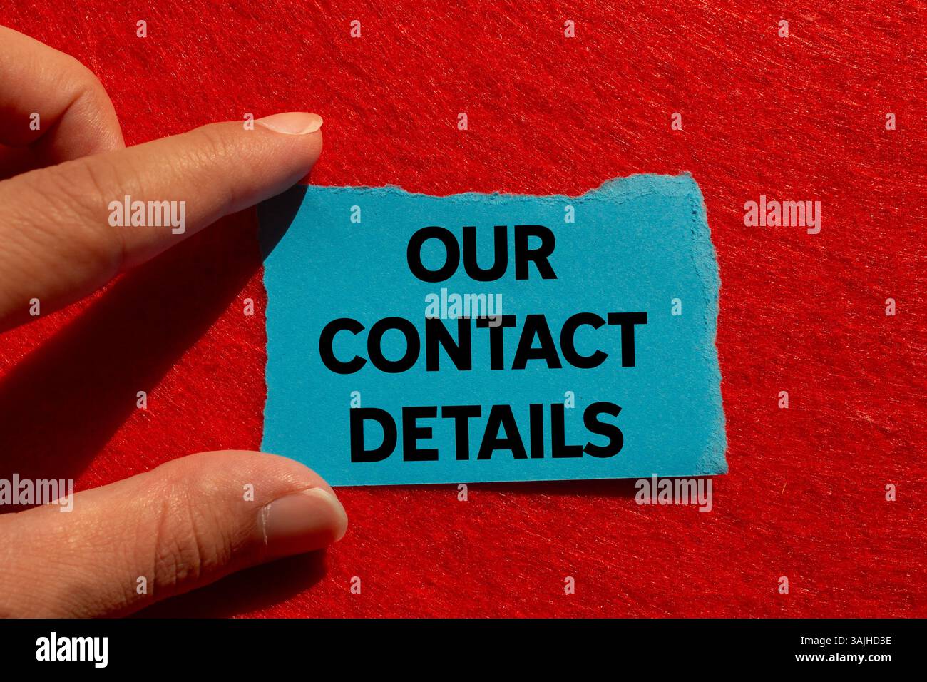 Our contact details message written on ripped torn blue paper on red background. Conceptual our ...