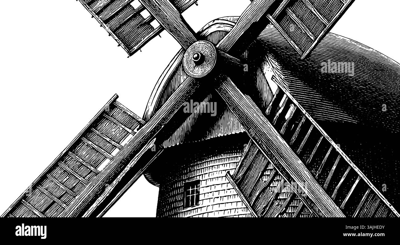 Intricate engraving of traditional windmill blades in black and white design Stock Vector Image ...