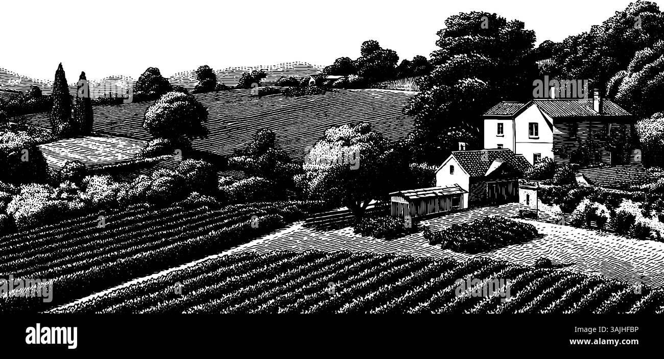 Rustic farm landscape engraving with rolling fields and rustic houses ...