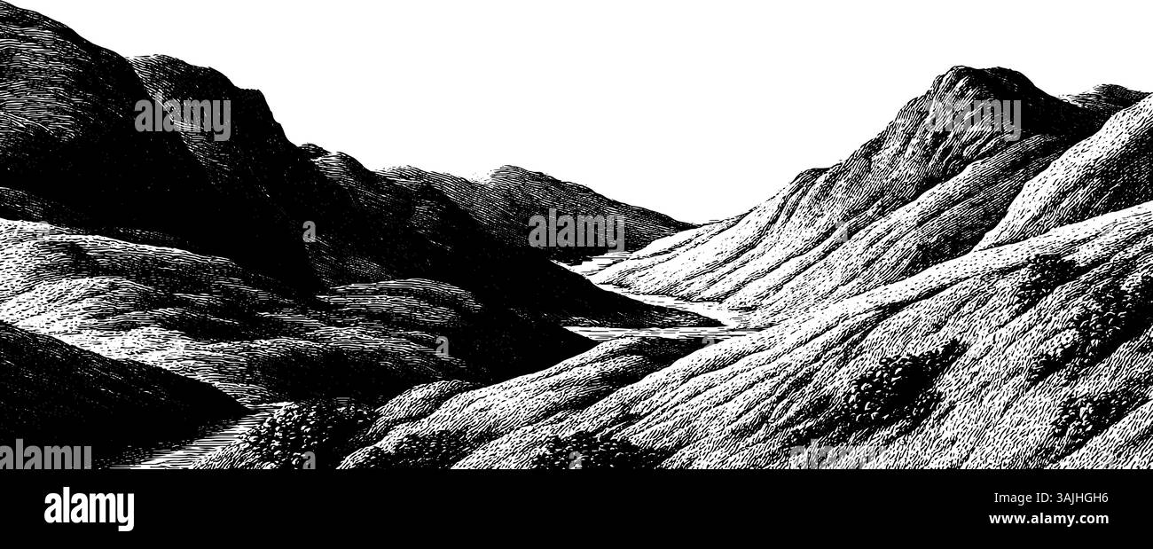 Bold black line engraved landscape illustration for artistic design ...
