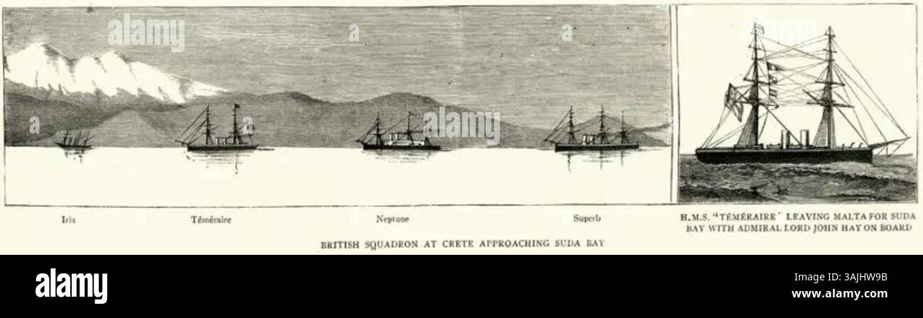 The illustration depicts the British Squadron at Crete, approaching ...