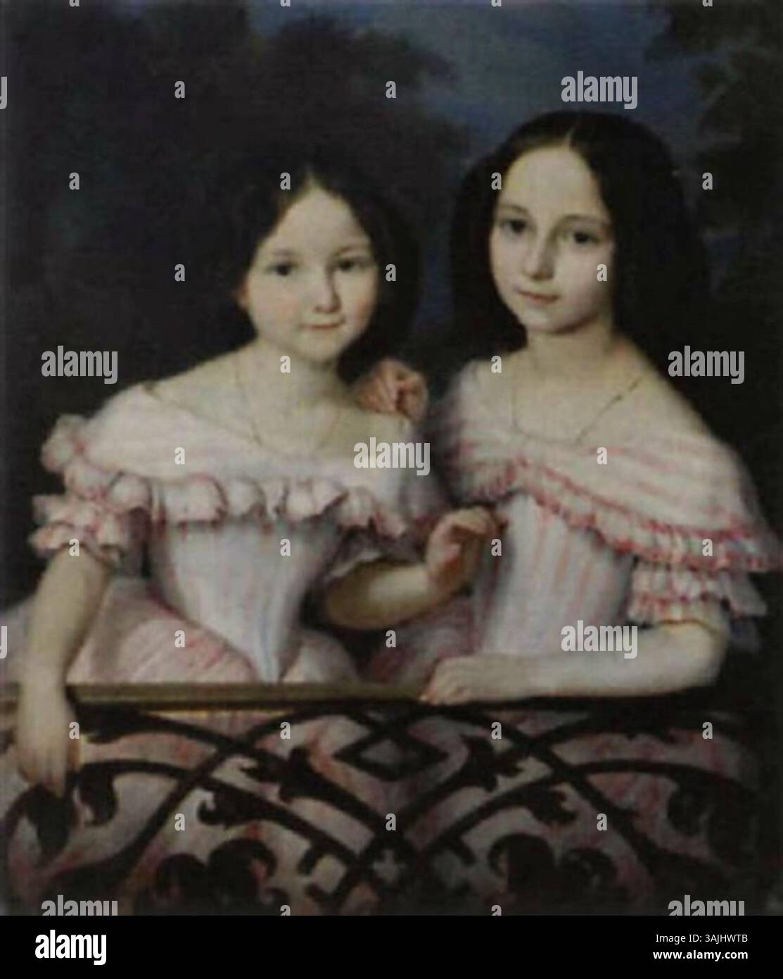 Oil painting by Carl Buchner, depicting two girls. The portrait, signed ...