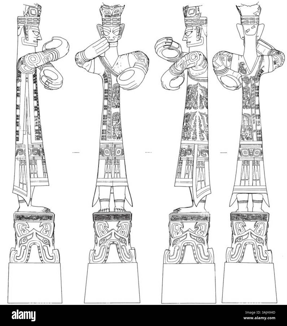 This line drawing depicts a bronze figure from the Sanxingdui ...