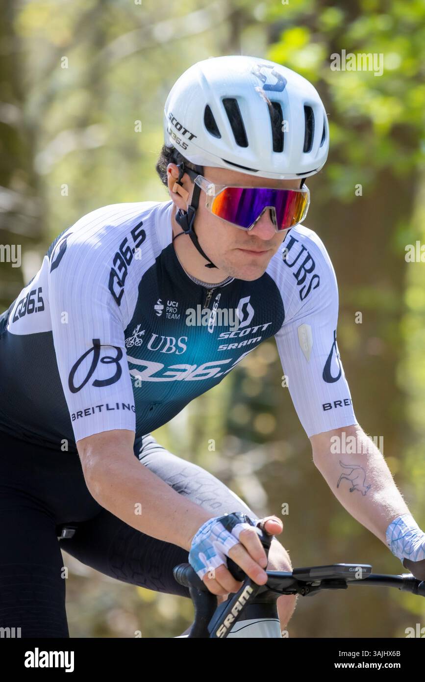 Tom Pidcock riding through the Arenberg sector during practise for ...