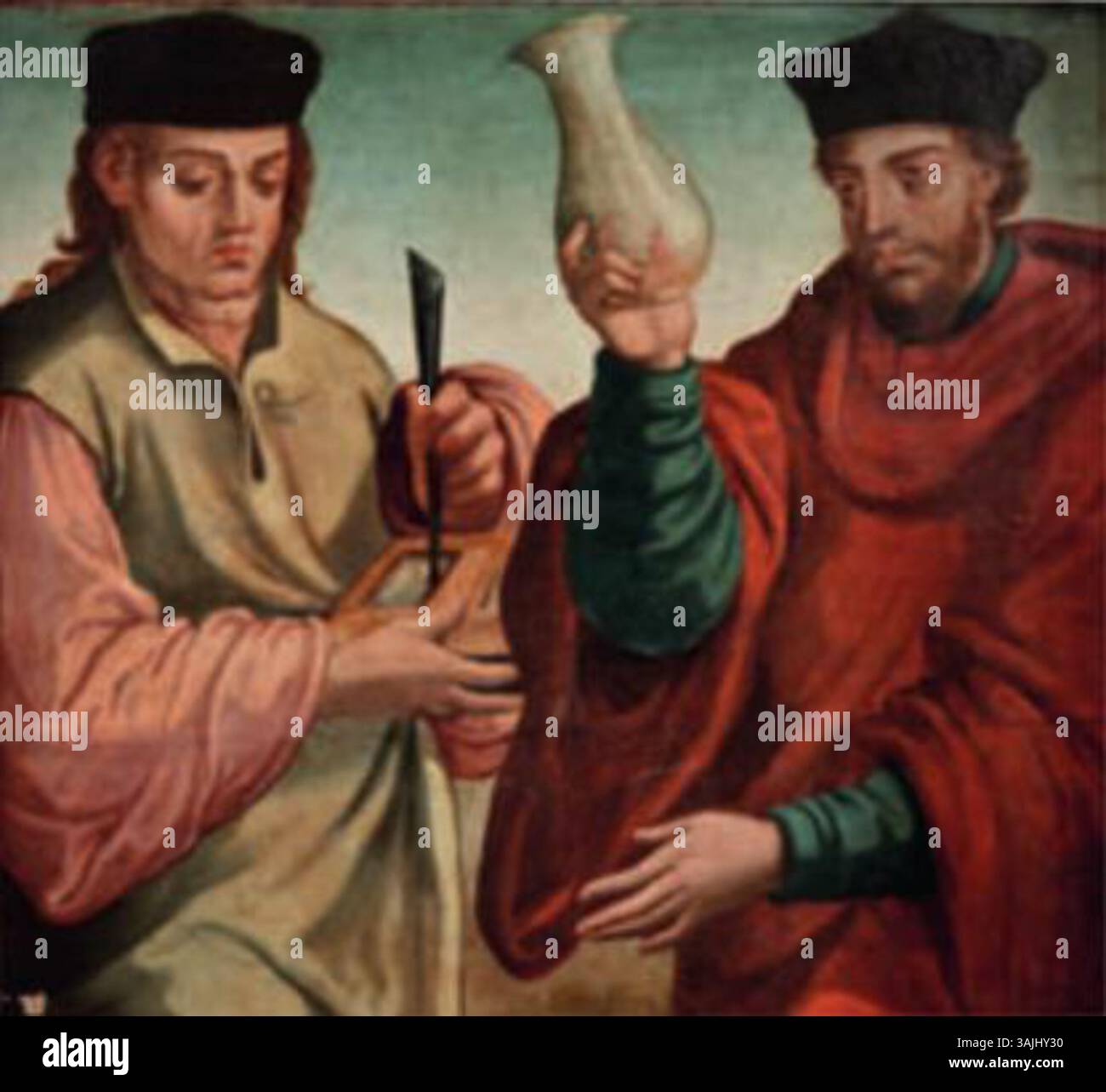 The painting 'São Cosme e São Damião' is part of the Saint Peter Altarpiece in Igreja do ...