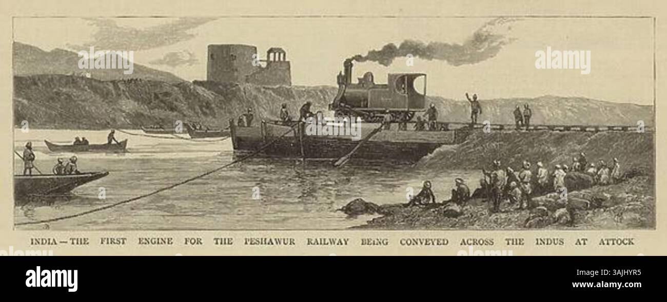 This 1882 illustration shows the first engine for the Peshawar Railway ...