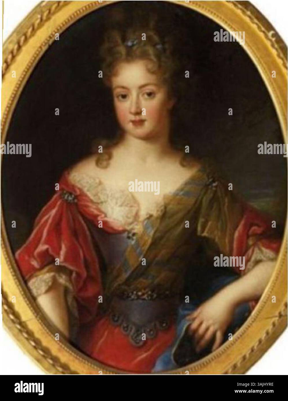 Portrait of a young woman in a fashionable gown with side panels ...