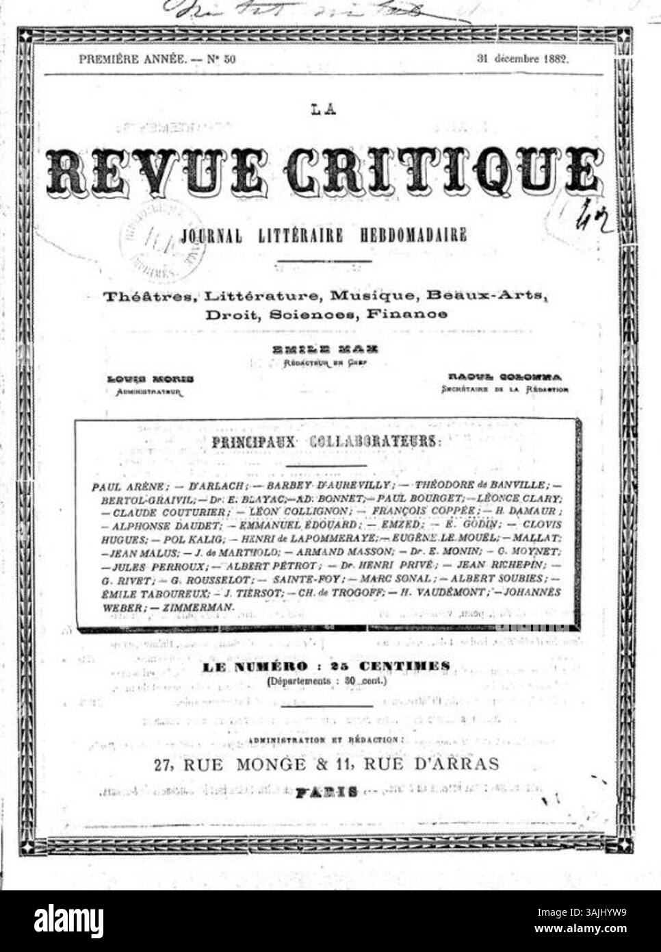 Cover of 'La Revue critique,' issue 50, published on January 22, 1882 ...