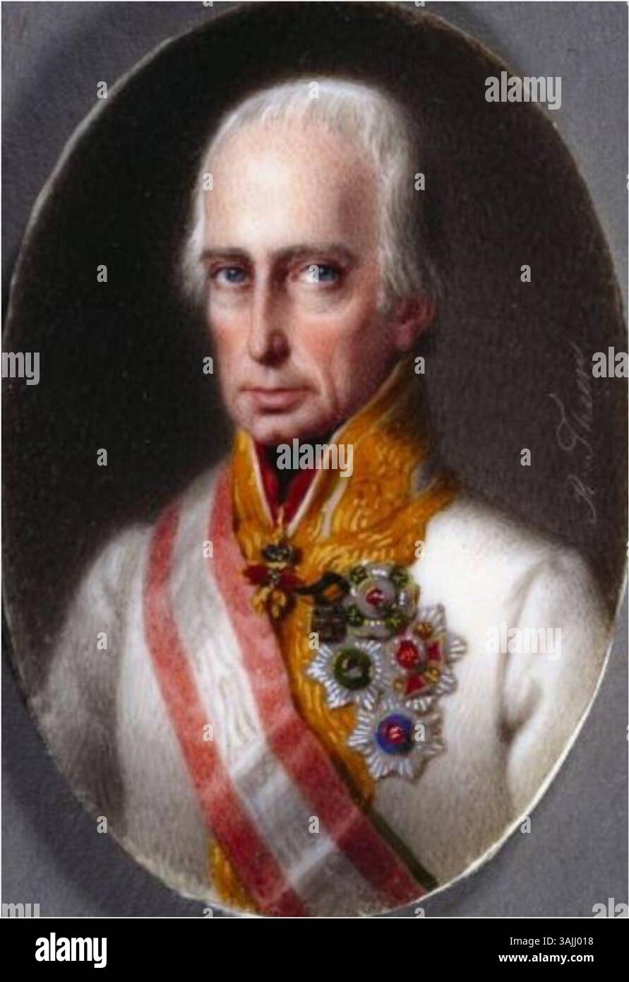 Portrait by Robert Theer of Francis II, Holy Roman Emperor, painted around 1830. The emperor is ...