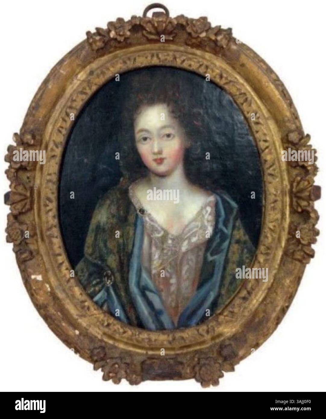 This 17th-century oil portrait depicts a young woman in the style of the Beaubrun school. The ...